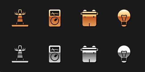 전기 타워 라인 암페어 미터 멀티 미터 자동차 배터리 및 크리 에이 티브 램프 조명 아이디어 아이콘을 설정합니다 벡터 개념에 대한 스톡 벡터 아트 및 기타 이미지 Istock