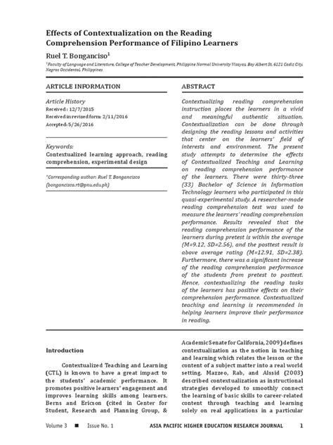 Effects Of Contextualization On The Reading Comprehension Performance Of Filipino Learners Pdf