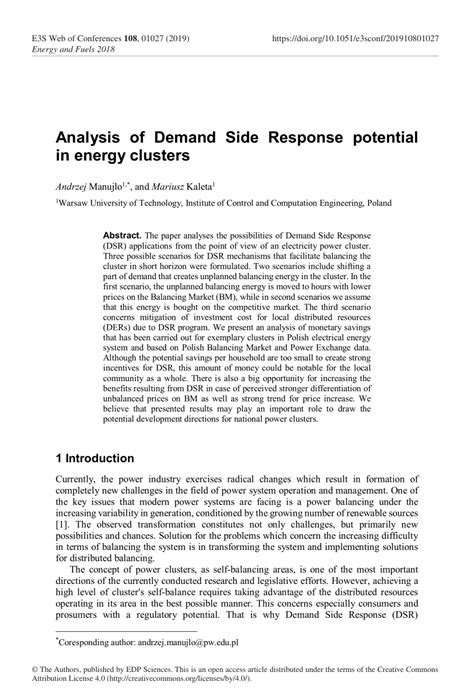 Pdf Analysis Of Demand Side Response Potential In Energy Clusters