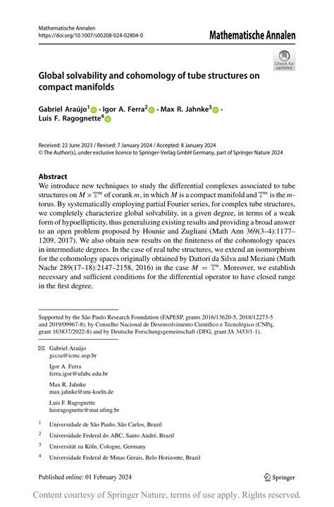Global Solvability And Cohomology Of Tube Structures On Compact Manifolds Request Pdf