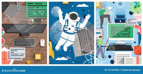 Quantum Computing Technology Vector Poster Template Set Stock Vector Quantum Computing Technology Vector Poster Template Set Stock Vector