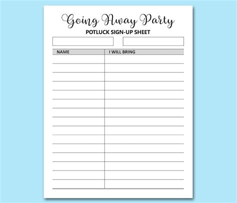 Going Away Party Potluck Sign Up Sheet Printable Signup Form Farewell