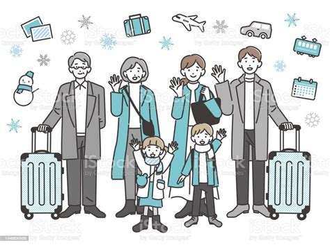 가을과 겨울에 외출하는 좋은 친구의 3 세대 벡터 일러스트 소재 아이콘 부모와 자식 여행 가족에 대한 스톡 벡터 아트 및 기타