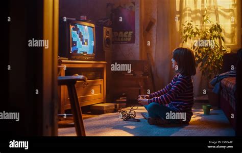 Nostalgic Retro Concept Young Girl Playing Old School Nineties Arcade Video Game On A Console