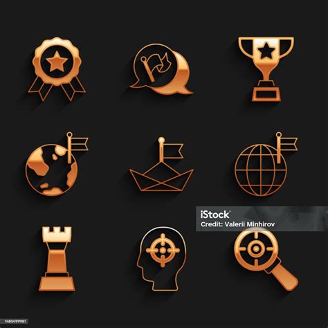 접힌 종이 보트 머리 사냥 돋보기로 목표 행성 깃발 체스 수상 컵 및 메달 아이콘을 설정합니다 벡터 3위에 대한 스톡 벡터 아트 및 기타 이미지 Istock