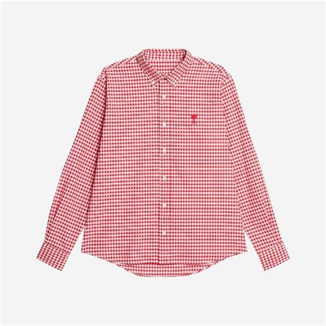 아미 스몰 하트 로고 깅엄 버튼 다운 셔츠 스칼렛 레드 내츄럴 화이트 Ami Kream