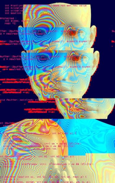 글리치 효과가 있는 남자의 3d 초상화 사이버펑크 스타일 인공 지능의 개념적 이미지 가상 현실 딥 러닝 및 얼굴 인식 시스템