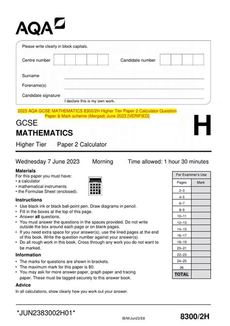 2023 Aqa Gcse Mathematics 8300 2h Higher Tier Paper 1 Non Calculator Question Paper And Mark