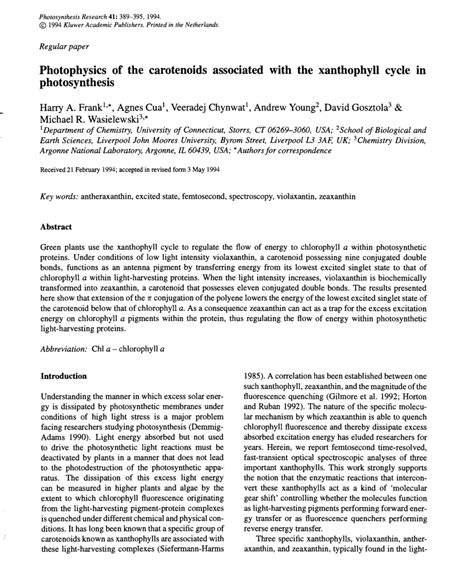 Pdf Photophysics Of The Carotenoids Associated With The Xanthophyll