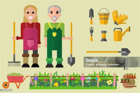 원예 및 수확 양배추 소 똥 꽃과 시골 풍경 울타리 정원 작업 도구 고립 행복 한 남자와 여자 원예 카트 갈퀴에 대한 스톡 벡터