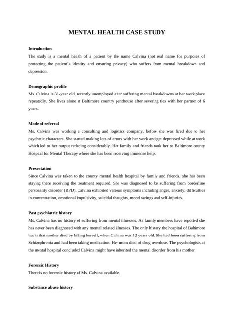 Calvina S Mental Health Case Study Analysis And Treatment