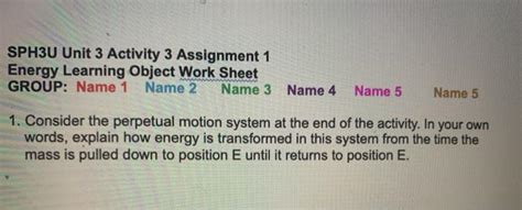 Solved Sph3u Unit 3 Activity 3 Assignment 1 Energy Learning