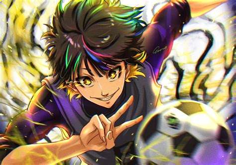 Bachira Meguru Blue Lock Absurdres Highres Boy Arm Up Artist Name Aura Ball Black Hair