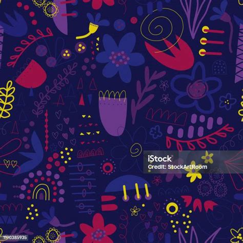 원활한 패턴 추상 모양 콜라주 보라색 핑크 핑크 노란색 낙서 꽃 하트 직물 직물 벽지 엽서 어린이 장식요소와 현대적인 배경