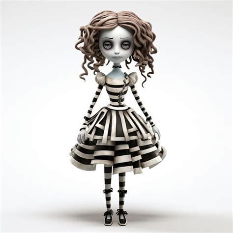 Tim Burton Inspired 3d Female Doll On White Background Premium Ai Generated Image