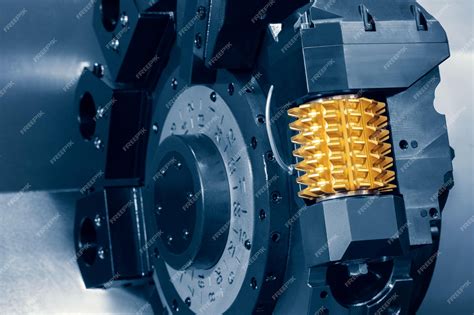 Cnc 선반 기계 또는 강철 콘 모양 막대를 척킹하는 터닝 기계 Hi 기술 제조 공정 프리미엄 사진