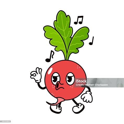 귀여운 재미있는 무 걷기 노래 캐릭터 벡터 손으로 그린 전통 만화 빈티지 복고풍 카와이 캐릭터 일러스트 레이 션 아이콘 흰색