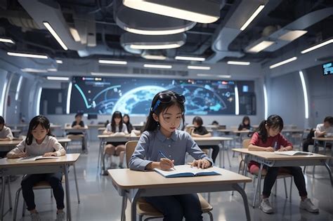 Premium Ai Image The Future Of Homework Virtual Assignments In Futuristic Classrooms