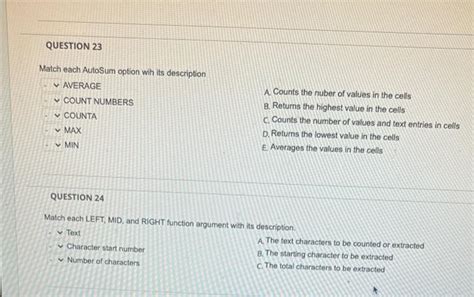 Solved Question 23 Match Each Autosum Option Wih Its