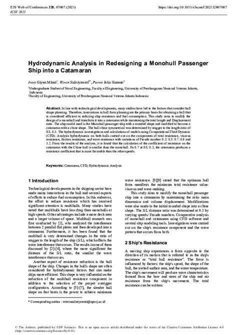 Pdf Hydrodynamic Analysis In Redesigning A Monohull Passenger Ship Into A Catamaran