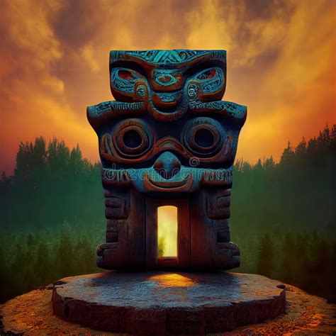 Totem Stone Sculpture Of The Mayan Tribe Fictional Illustration