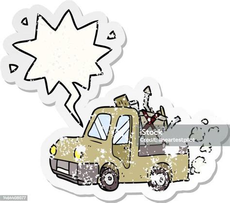 만화 오래 된 트럭 쓰레기로 가득 차 연설 거품 고민 고민 오래 된 스티커 귀여운에 대한 스톡 벡터 아트 및 기타 이미지