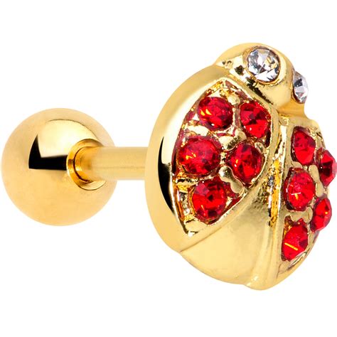 16 Gauge 14 Red Clear Gem Gold Tone Ladybug Cartilage Tragus