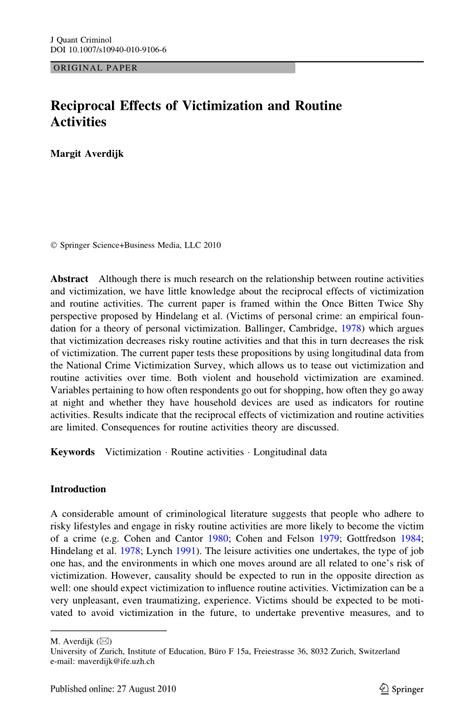 Pdf Reciprocal Effects Of Victimization And Routine Activities