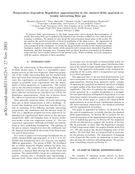 Pdf Temperature Dependent Bogoliubov Approximation In The Classical Field Approach To Weakly