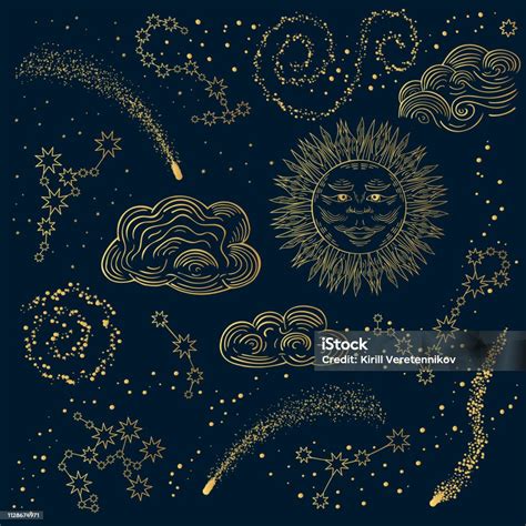손으로 그린 황금은 별과 별자리 태양과 구름과 밤 하늘에서 Zodiacs와 패턴입니다 벡터 고립 우주 그림 꿈같은에 대한 스톡 벡터 아트 및 기타 이미지 Istock