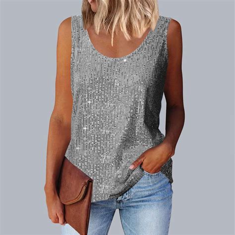 Dolkfu Scoop Neck Fancy Tops For Women Sequin Shiny Loose Fit Tank Tops