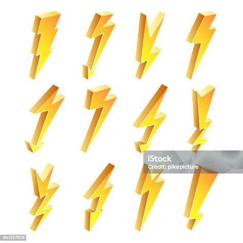 3 차원 번개 아이콘 벡터 세트입니다 만화 노란색 번개 고립 된 그림입니다 번개 기호입니다 전기 기호 3차원 형태에 대한 스톡 벡터 아트 및 기타 이미지 Istock