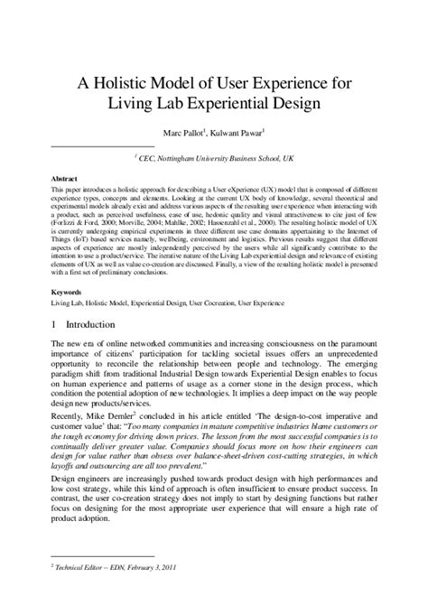 Pdf A Holistic Model Of User Experience For Living Lab Experiential Design