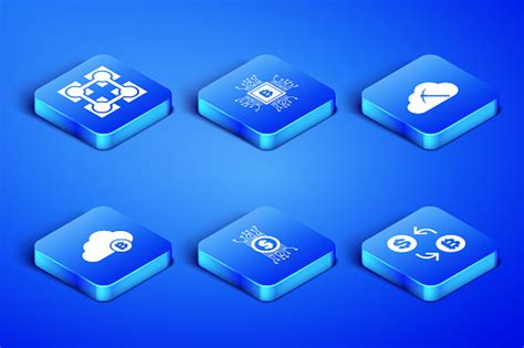 암호 화폐 교환 블록 체인 기술 비트 코인 회로 클라우드 마이닝 Cpu 농장 및 아이콘을 설정합니다 벡터 3차원 형태에 대한 스톡 벡터 아트 및 기타 이미지 Istock