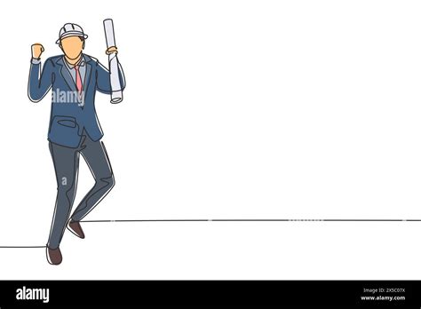 Single One Line Drawing Architect Stood With Celebrate Gesture And