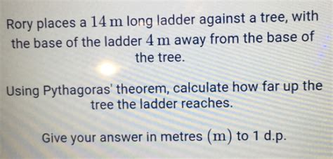 solved rory places a 14 m long ladder against a tree with the base of the ladder 4 m away from