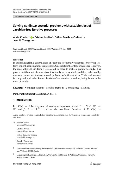 PDF Solving Nonlinear Vectorial Problems With A Stable Class Of Jacobian Free Iterative Processes