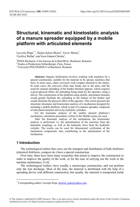 Pdf Structural Kinematic And Kinetostatic Analysis Of A Manure