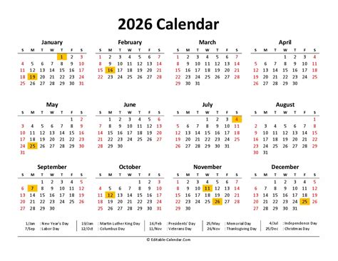 Download 2026 Editable Calendar With Us Holidays Weeks Start On Sunday