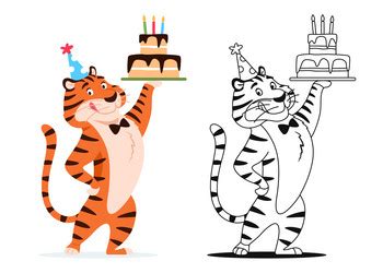 Coloring Page Cartoon Smiling Birthday Tigers Set Vector Image