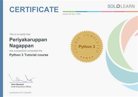 Sololearn Certificate For Python 3 Tutorial Course Periyakaruppan Nagappan