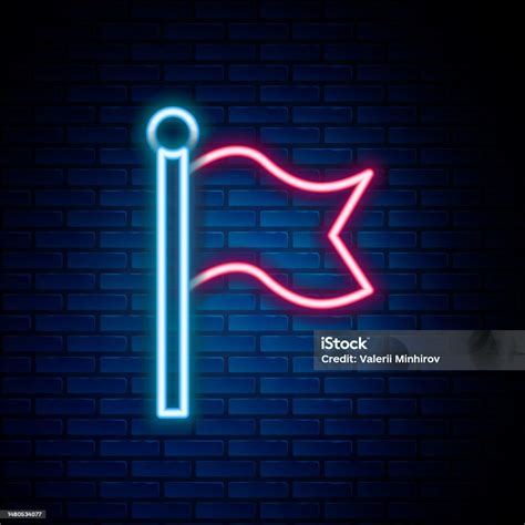 벽돌 벽 배경에 격리 된 빛나는 네온 라인 플래그 아이콘 승리 승리와 역경 개념을 정복 다채로운 개요 개념 벡터 기에 대한 스톡 벡터 아트 및 기타 이미지 Istock