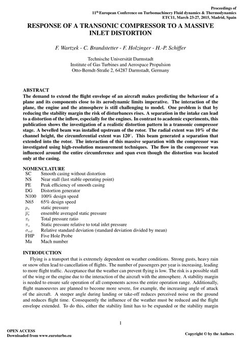 Pdf Response Of A Transonic Compressor To A Massive Inlet Distortion