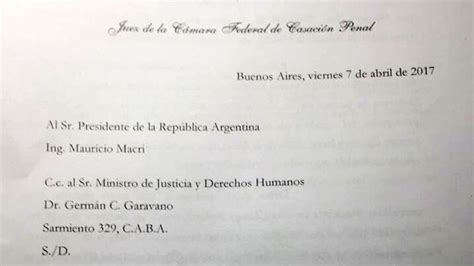 La carta de renuncia del juez de Casación Pedro David Infobae