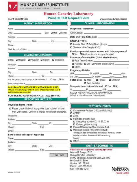 Human Genetics Laboratory Prenatal Test Request Clia 28do454363 Form Unmc Fill Out And