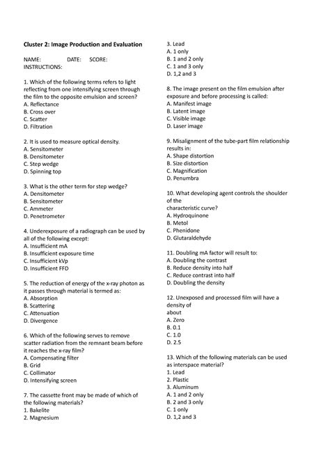 Exam Cluster 2 None Cluster 2 Image Production And Evaluation Name
