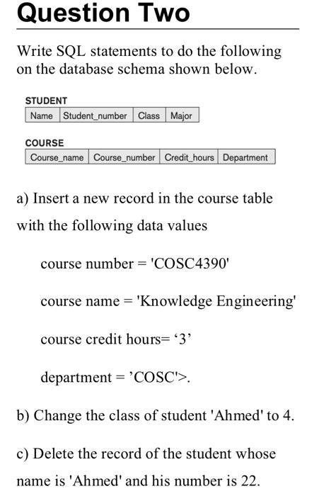Solved Question Two Write SQL Statements To Do The Following Chegg Com