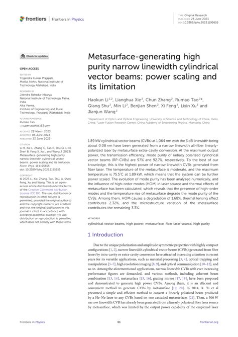 Pdf Metasurface Generating High Purity Narrow Linewidth Cylindrical Vector Beams Power