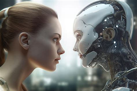 Premium Photo Human And Robot Face To Face Generative Ai