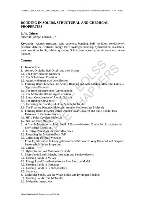 Pdf Bonding In Solids Structural And Chemical Properties Bonding In